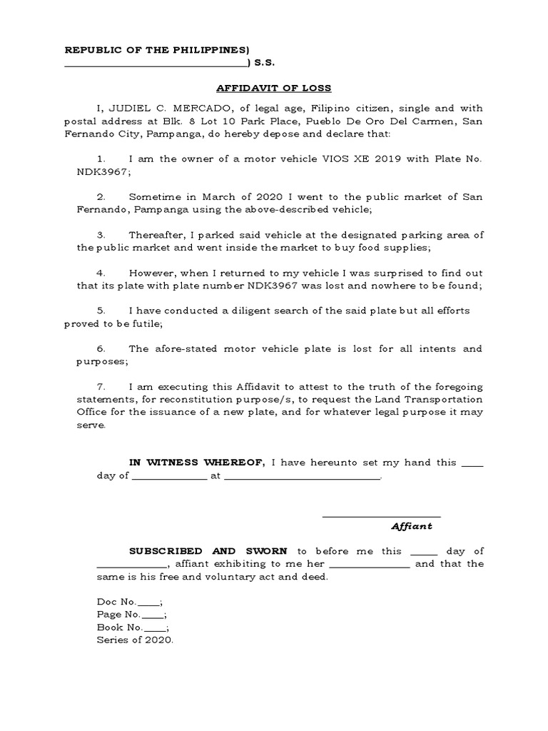 AFFIDAVIT OF LOSS - Judiel Mercado - Lost Plate | PDF