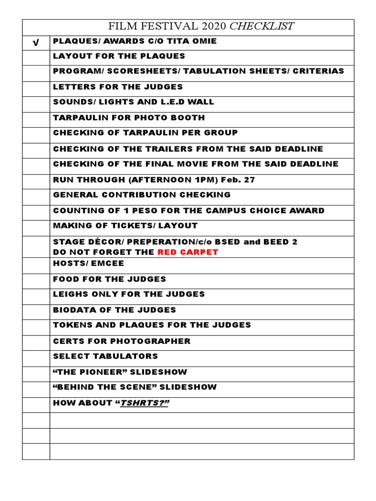Film Festival 2020 Preparation Checklist | PDF