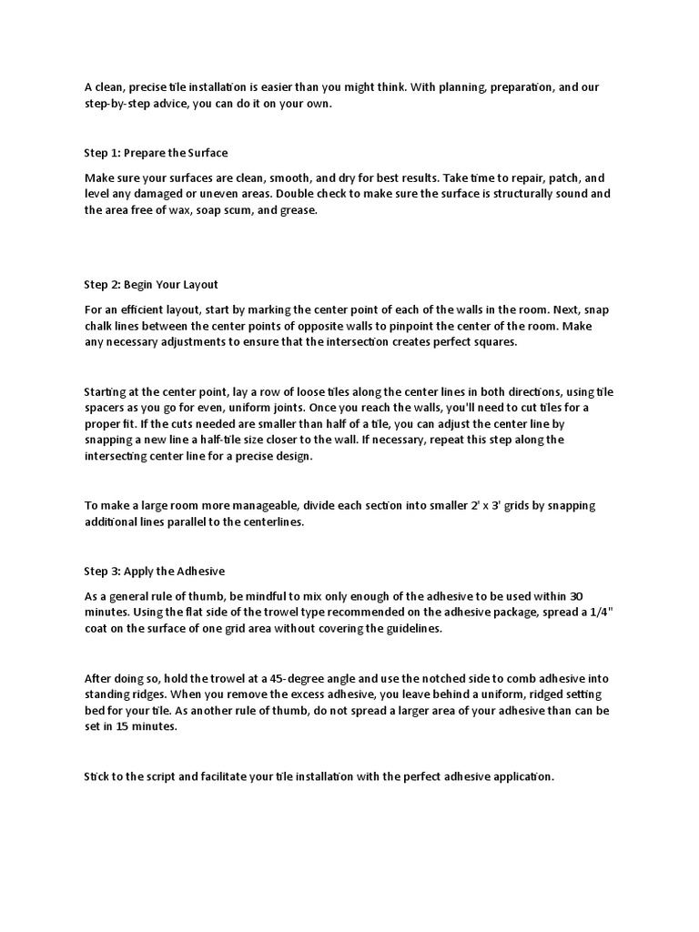 Tile Installation Procedure | PDF | Tile | Adhesive