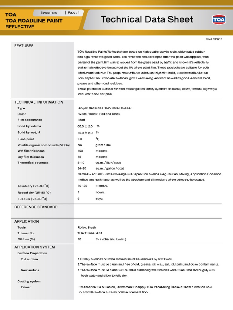 TOA Reflective Roadline Paint Data Sheet | PDF | Paint | Chemistry