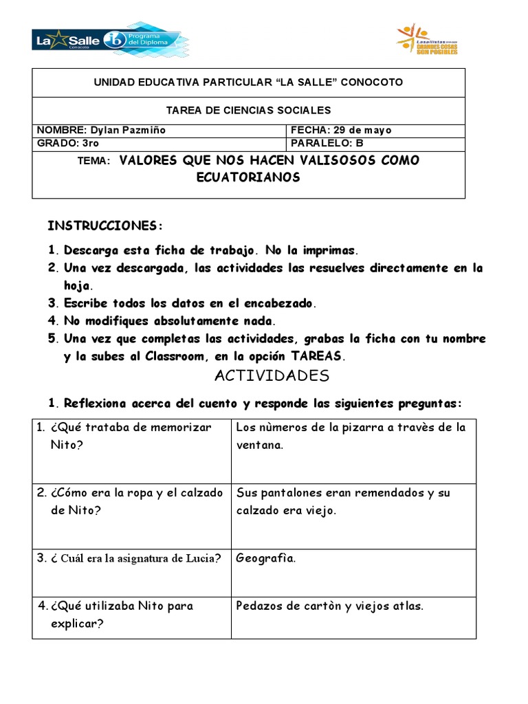 DYLAN MAURICIO PAZMIÑO TRUJILLO - 3ros, TAREA, VALORES | PDF