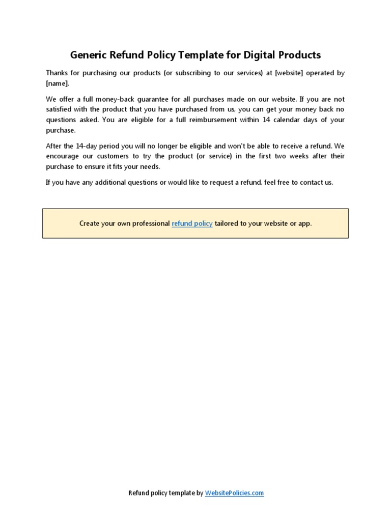 Digital Product Refund Policy Template | PDF