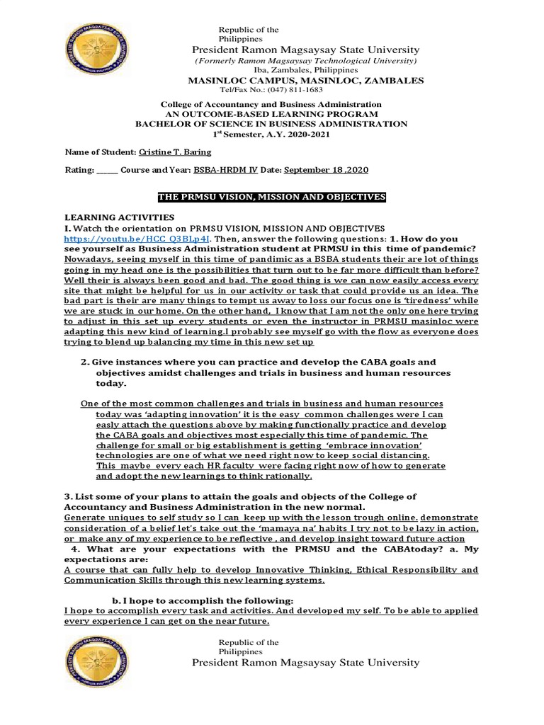 President Ramon Magsaysay State University: The Prmsu Vision, Mission ...