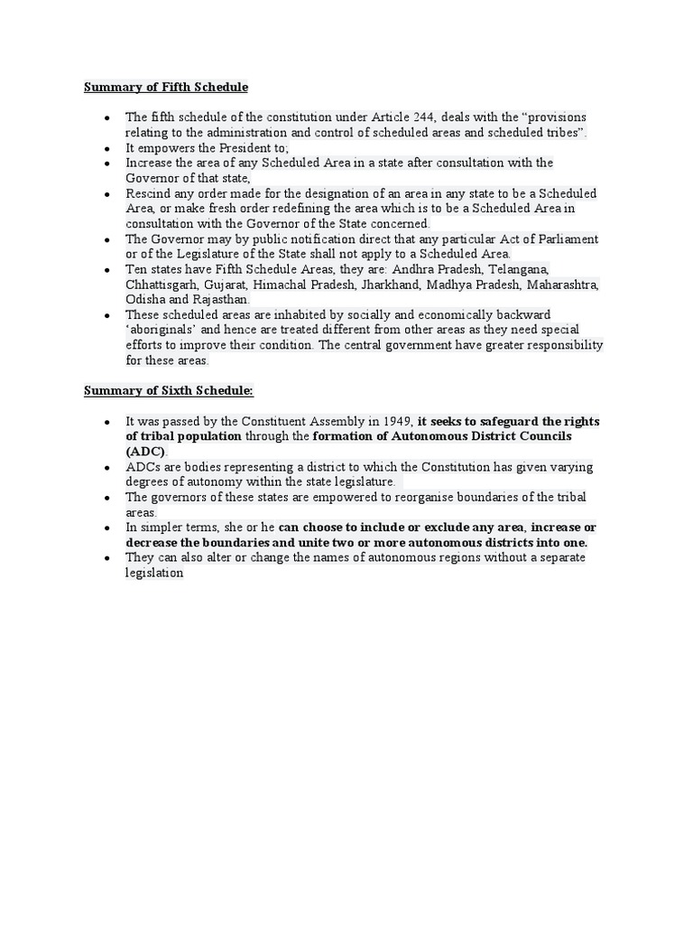 Summary Of Fifth And Sixth Schedule PDF