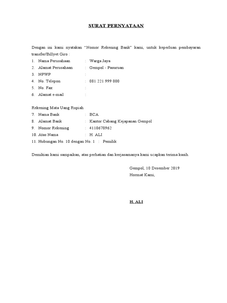 Surat Pernyataan BCA | PDF