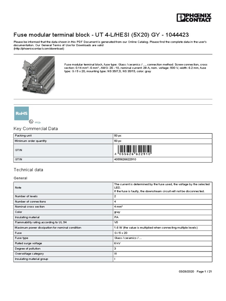 Fuse Modular Terminal Block - UT 4-L/HESI (5X20) GY - 1044423 | PDF ...