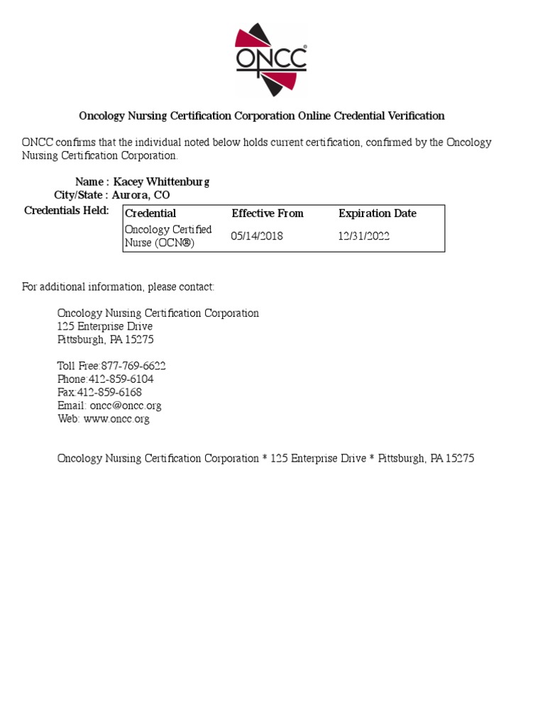 Oncology Nursing Certification Corporation Online Credential Verification | PDF