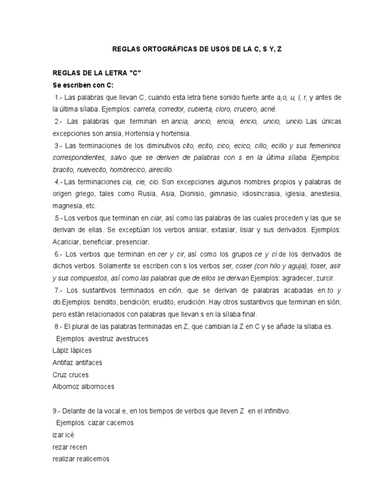 Reglas del uso de la C, S y Z | PDF | Unidades Semánticas | Vocabulario