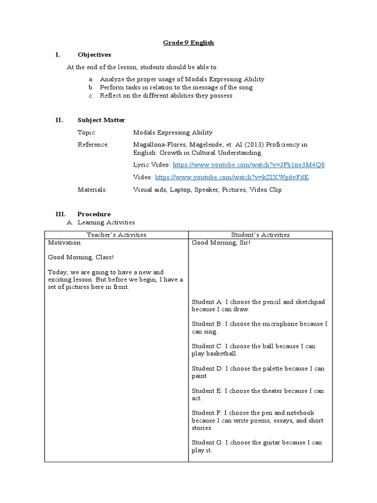Grade 9 Modals Lesson Plan | PDF | Verb | Linguistic Morphology