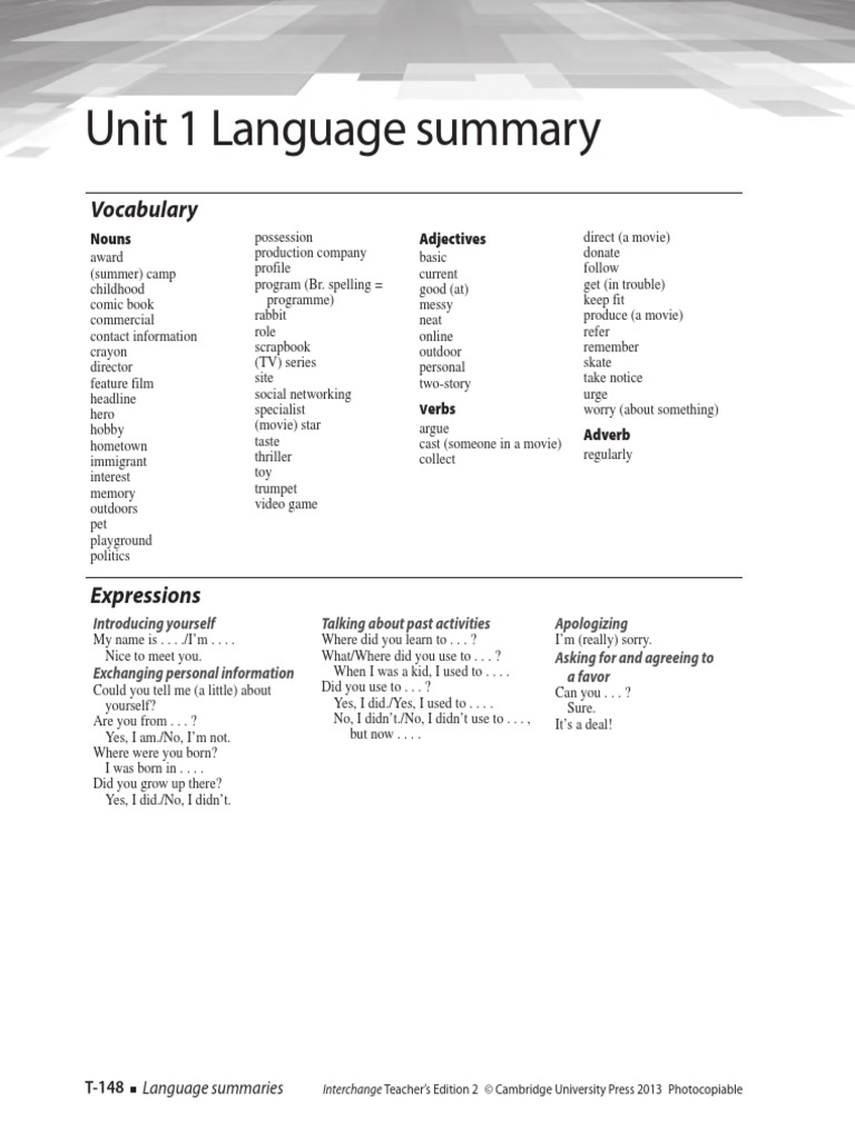 Unit 1 Language Summary: Vocabulary | PDF | Linguistic Typology | Grammar