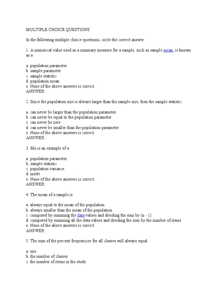 Basic Statistics MCQs and Answers | PDF | Mean | Median