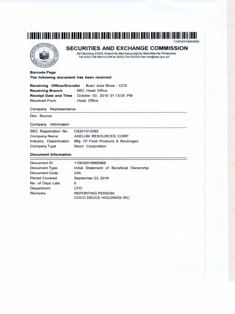 AXLM SEC Form 23A Coco Deuce | PDF | Companies | Corporations