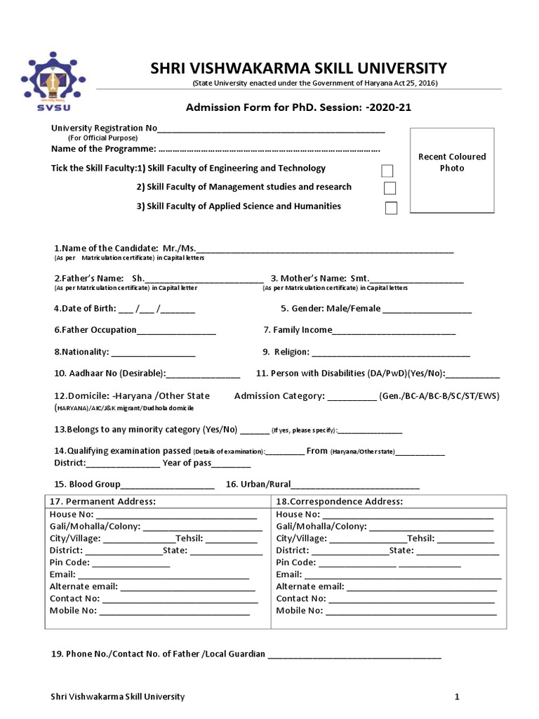 Shri Vishwakarma Skill University: Admission Form For Phd. Session ...
