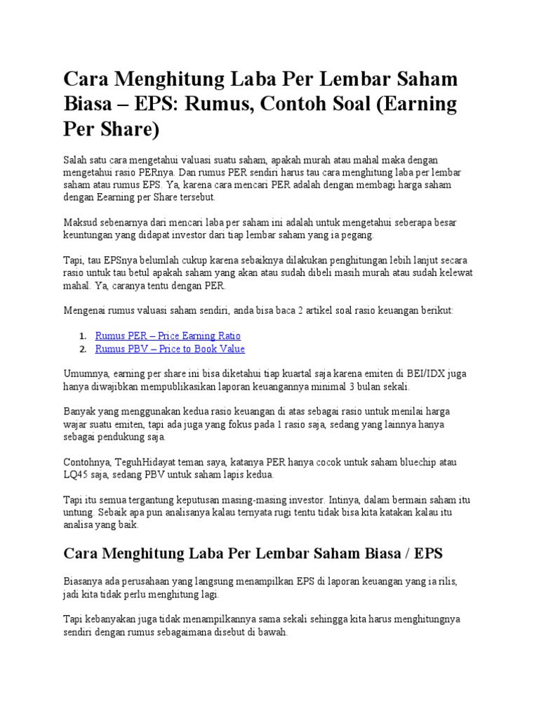 Cara Menghitung Laba Per Lembar Saham Biasa - EPS - Rumus, Contoh Soal ...
