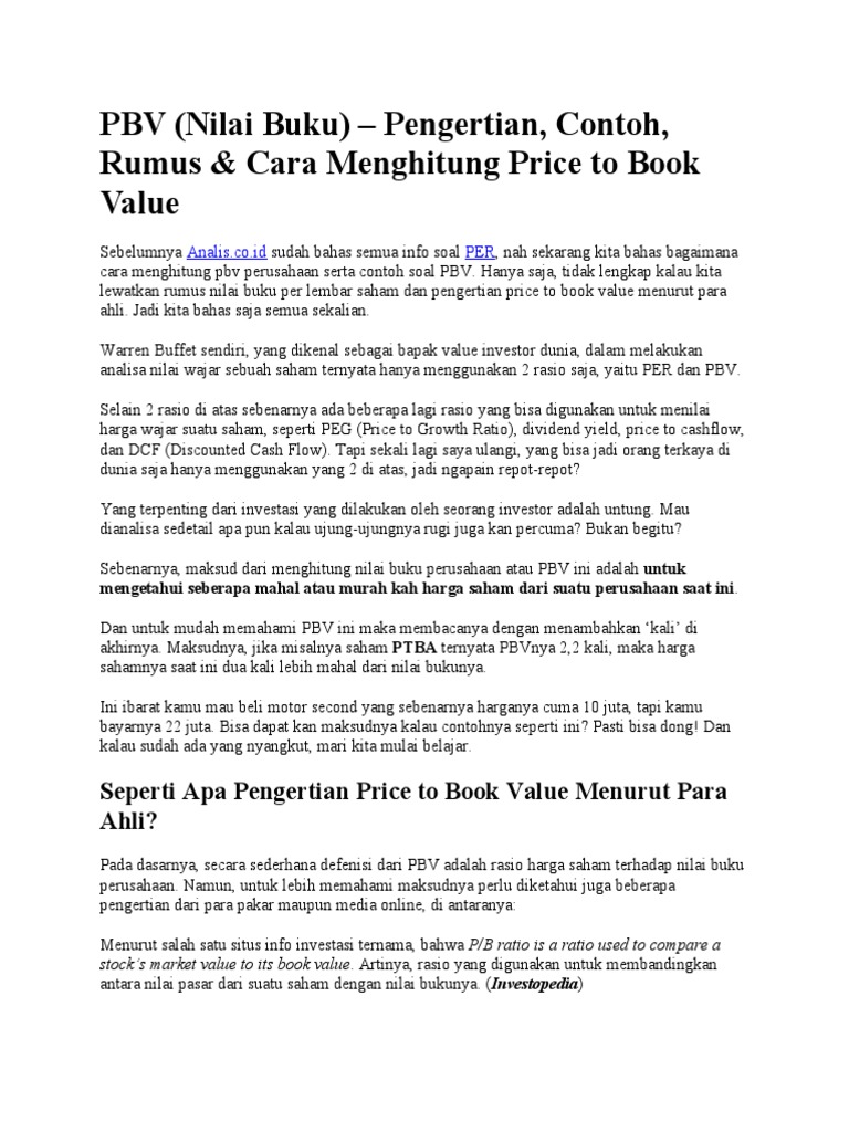 PBV (Nilai Buku) - Pengertian, Contoh, Rumus & Cara Menghitung Price To ...