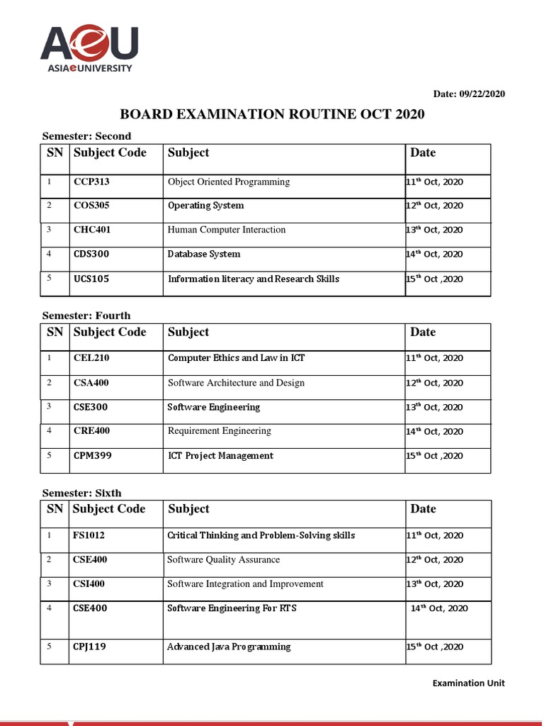 Examination Routine Oct 2020 | PDF
