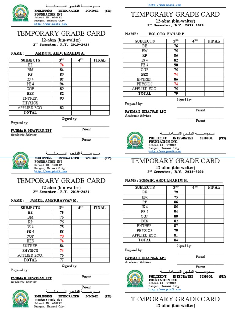 Temporary Grade Card: 12-Abm (Bin-Walter) | PDF