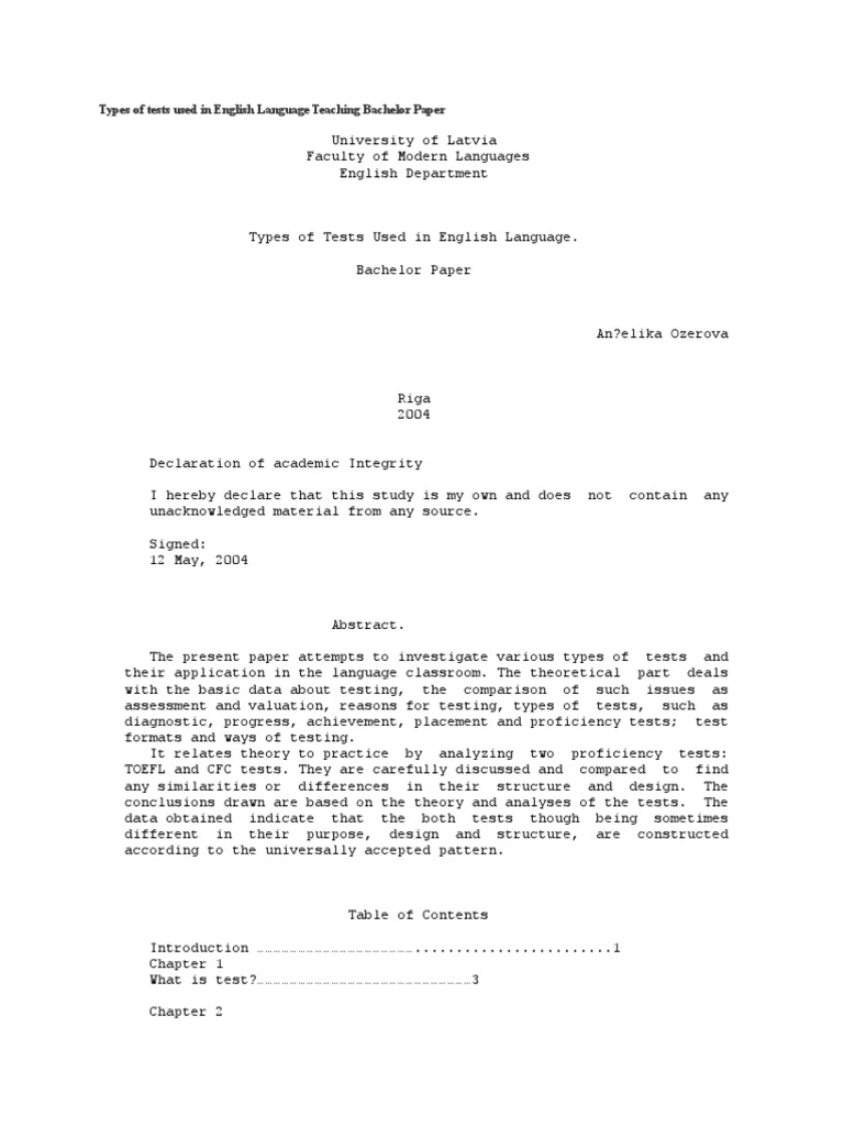Types of Tests Used in English Language Teaching Bachelor Paper | PDF ...