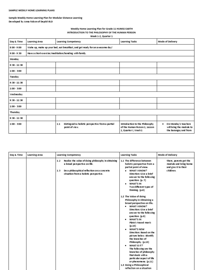 Sample Weekly Home Learning Plans | PDF | Cognitive Science ...