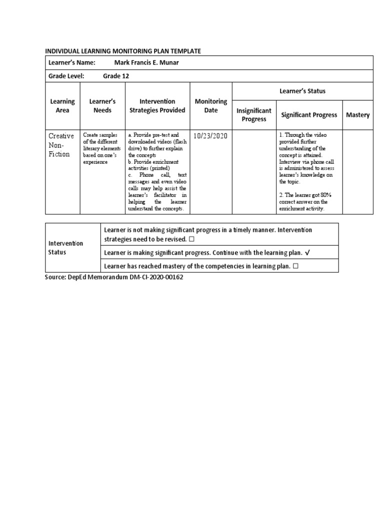 Individual Learning Monitoring Plan | PDF