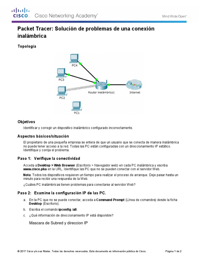 9 3 3 3 Packet Tracer Troubleshooting A Wireless Connection Pdf Pdf Dirección Ip