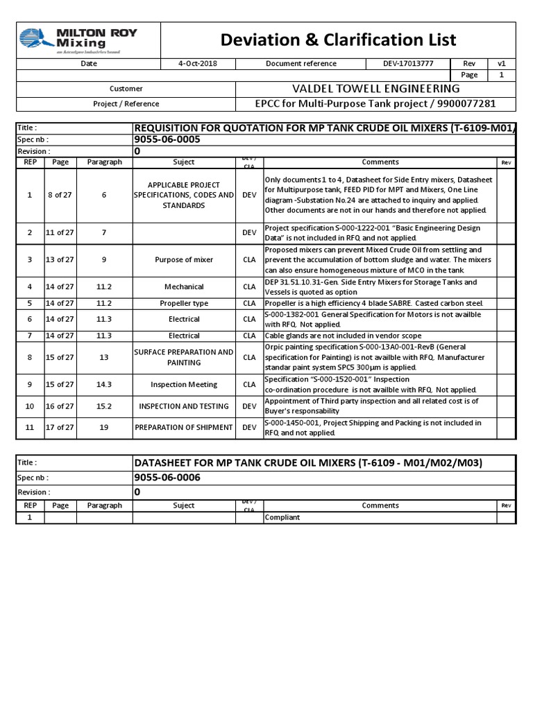 Deviation & Clarification List: Valdel Towell Engineering | PDF ...