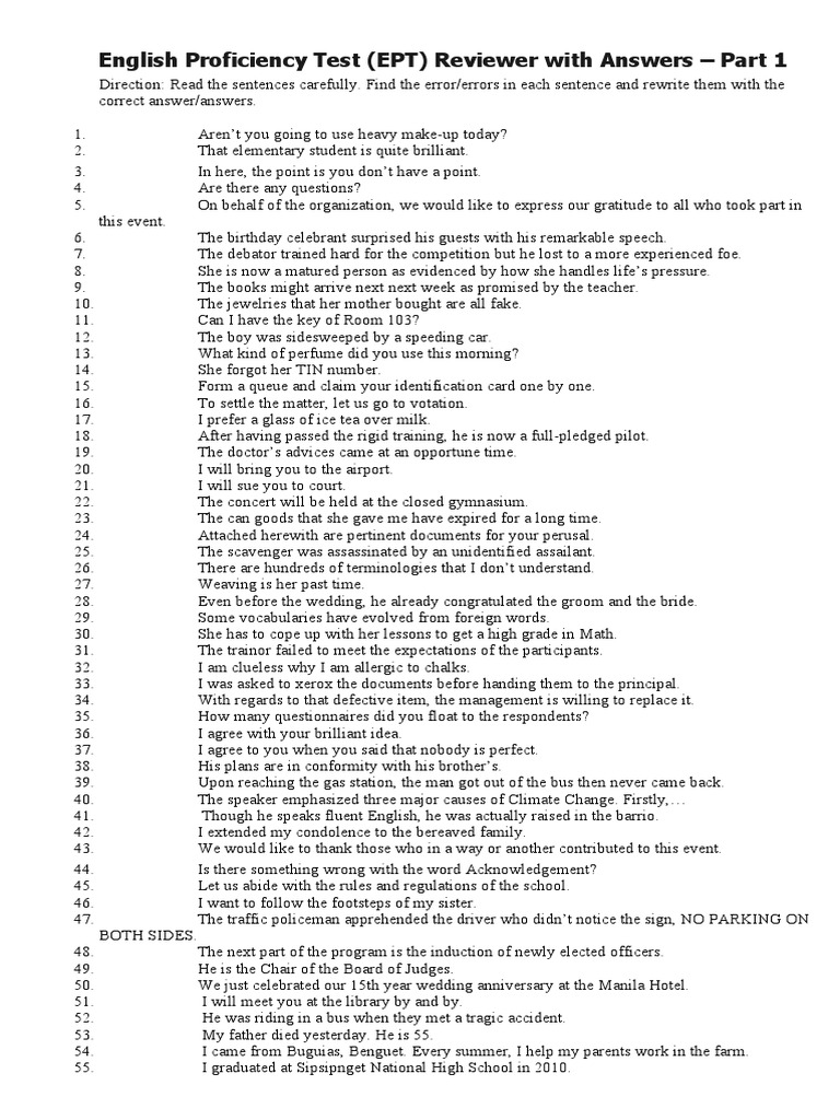 English Proficiency Test (EPT) Reviewer With Answers - Part 1 | PDF ...