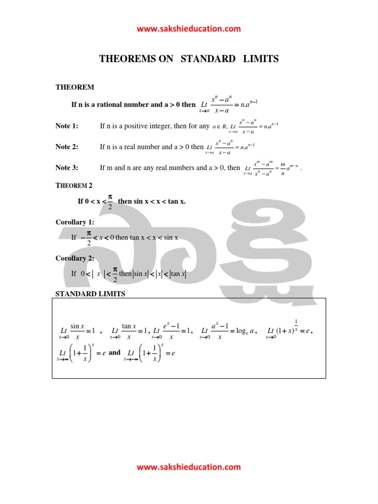 Theorems On Standard Limits: Theorem If N Is A Rational Number and A 0 ...