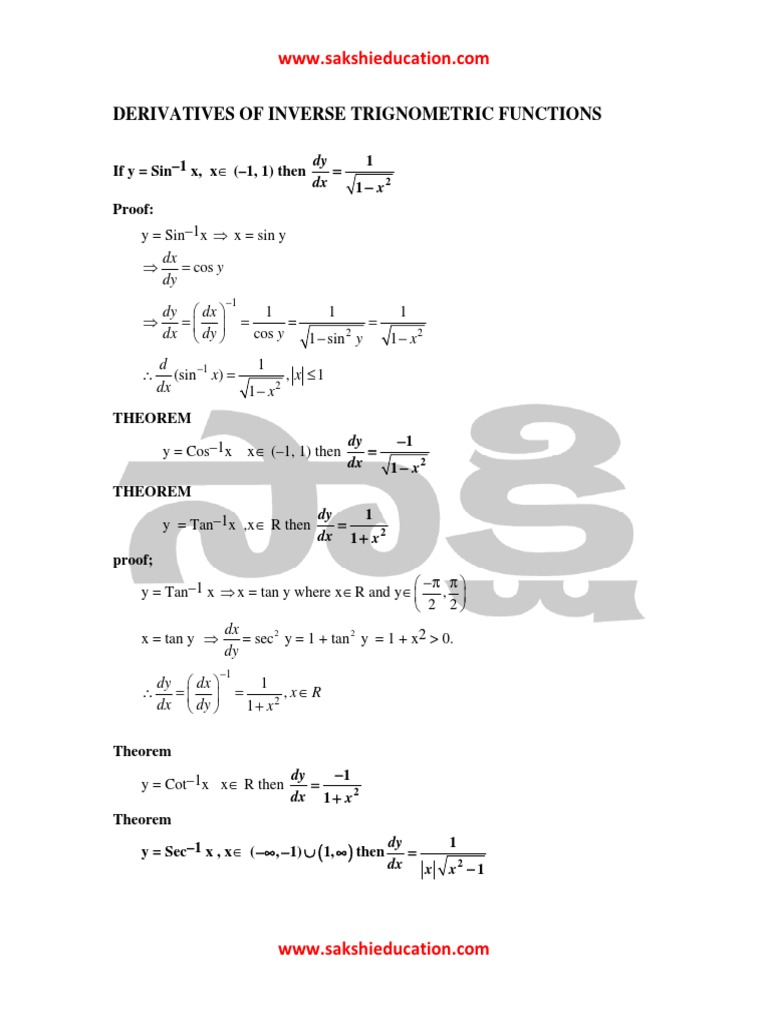 09 02 Derivatives of Inverse Trignometric Functions PDF | PDF | Rates ...