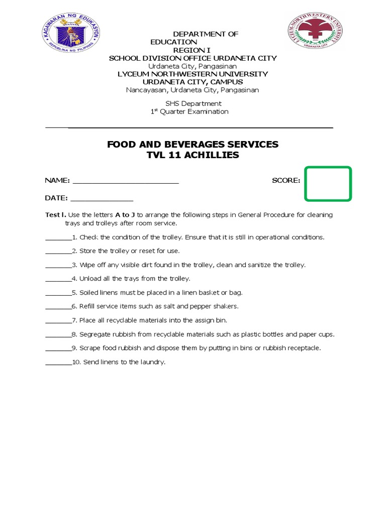 SHS Food and Beverage Services Exam | PDF