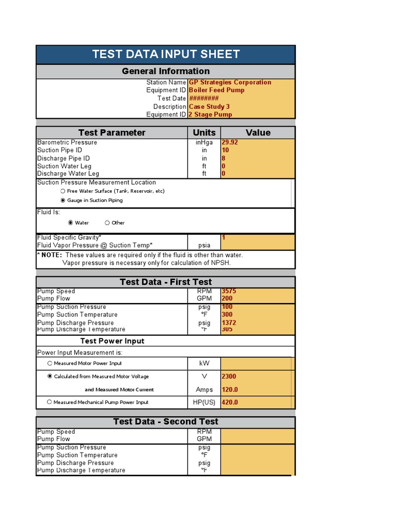Test Data Input Sheet: General Information | PDF | Pump | Gas Technologies