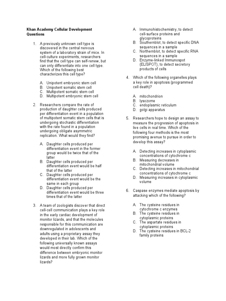 Khan Academy Cellular Development Questions | PDF | Cellular ...