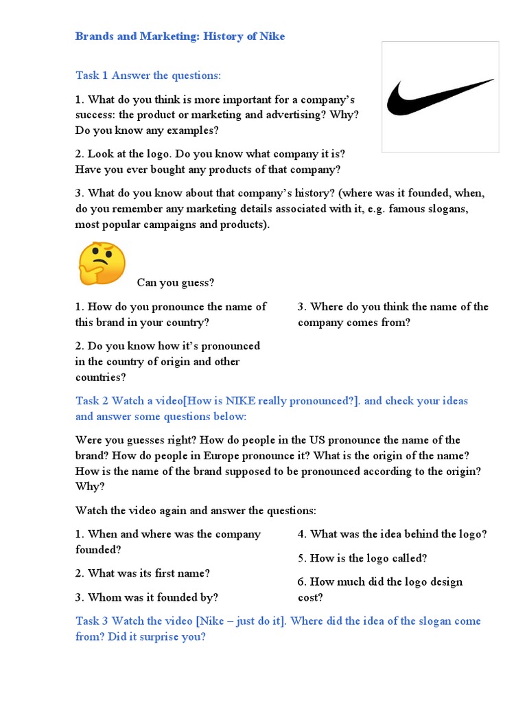 Task 1 Answer The Questions:: Brands and Marketing: History of Nike | PDF
