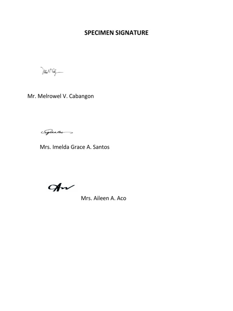 Specimen Signature: Mr. Melrowel V. Cabangon | PDF