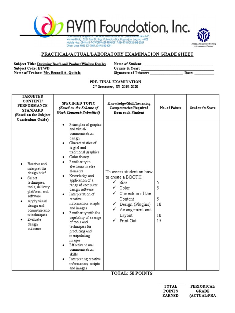 Practical/Actual/Laboratory Examination Grade Sheet: (Based On The ...