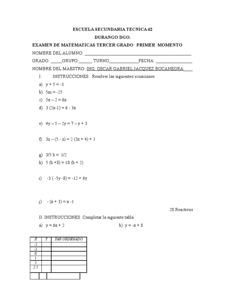 Examen Matematicas 3er Grado I Momento | PDF