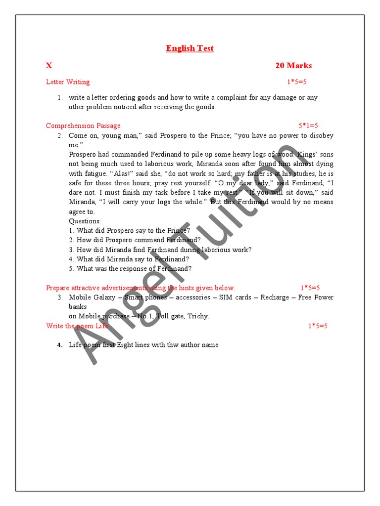 English Test X 20 Marks: Letter Writing 1 5 5 | PDF