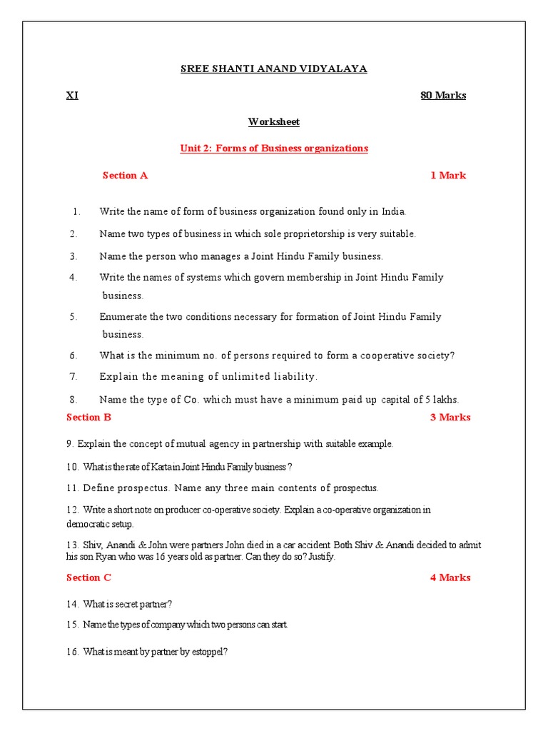 Forms of Business Organizations Worksheet | PDF | Cooperative | Business
