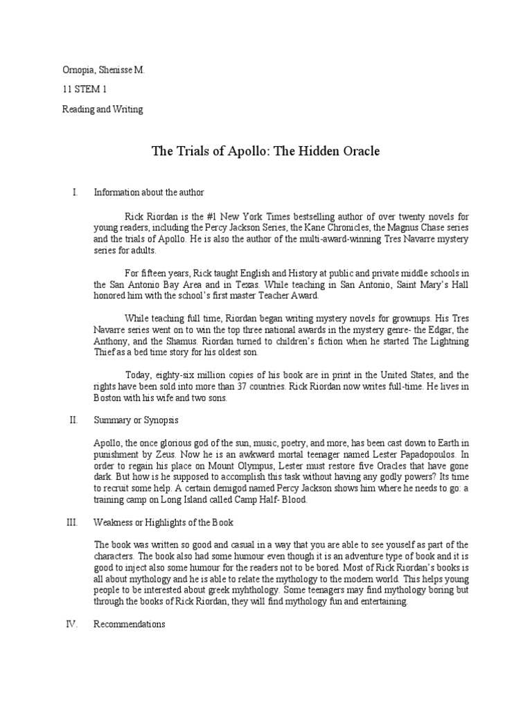 The Hidden Oracle: An Insightful Summary of Rick Riordan's Fantasy ...