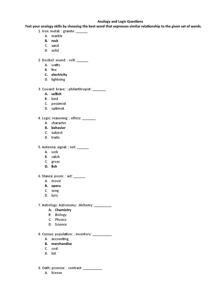 Analogy and Logic Questions Test Your Analogy Skills by Choosing The ...