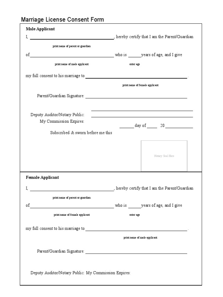 Marriage License Consent Form: Male Applicant | PDF