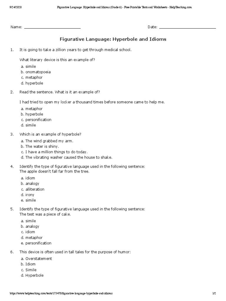 Figurative Language - Hyperbole and Idioms (Grade 6) - Free Printable ...