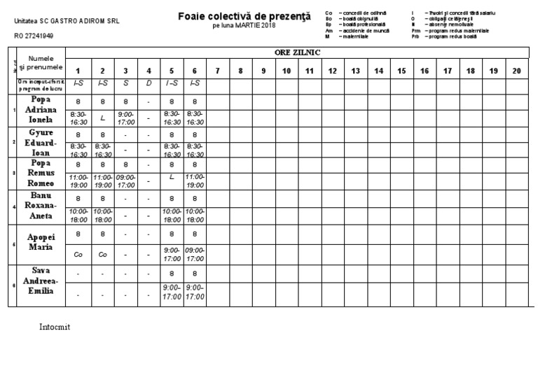 MODEL PONTAJ CU PROGRAM DE LUCRU Gastro | PDF