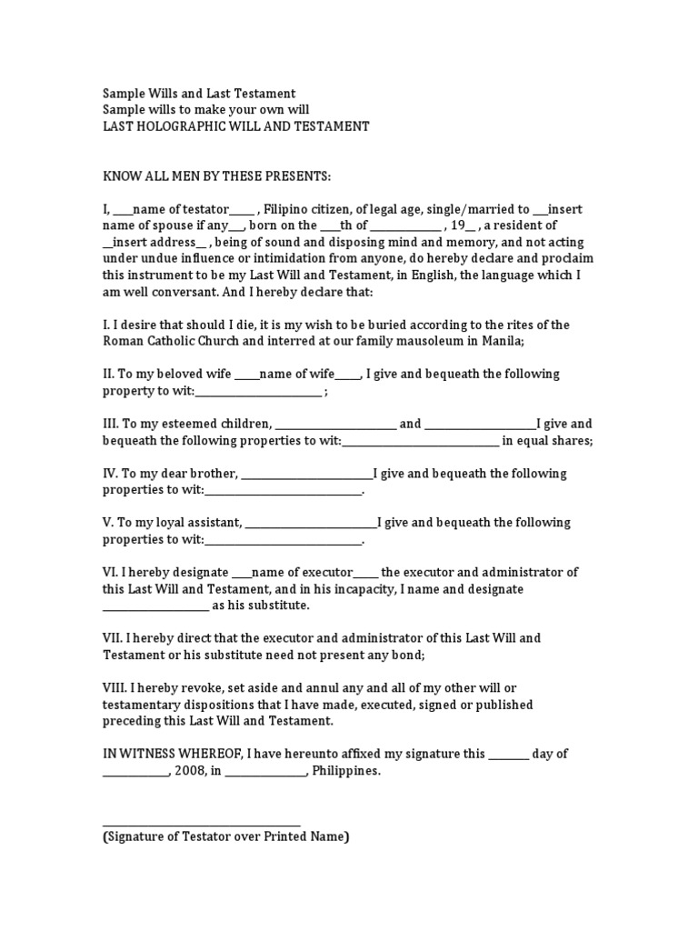 Sample Wills and Last Testament | PDF | Will And Testament | Virtue