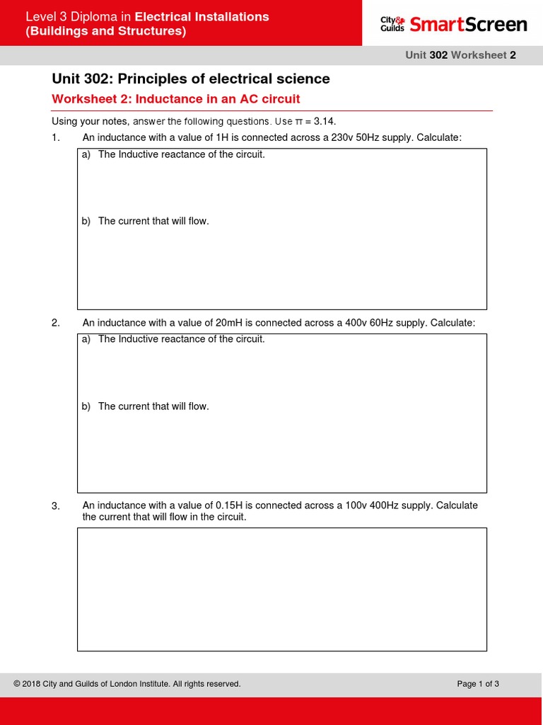 Unit 302: Principles of Electrical Science: Worksheet 2: Inductance in ...