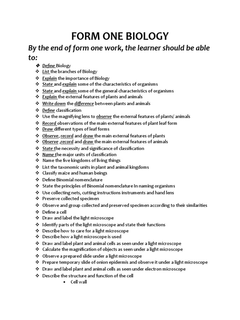 Form One Biology: by The End of Form One Work, The Learner Should Be ...