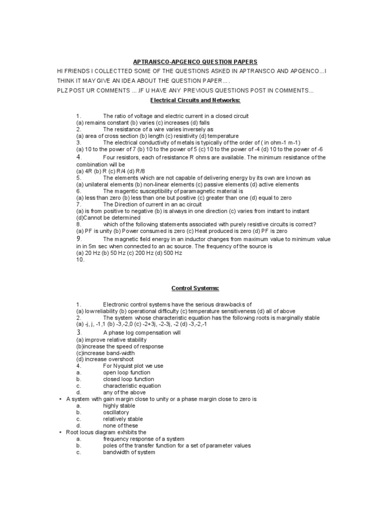 Aptransco-Apgenco Question Papers | PDF | Electrical Resistance And Conductance | Electrical Network