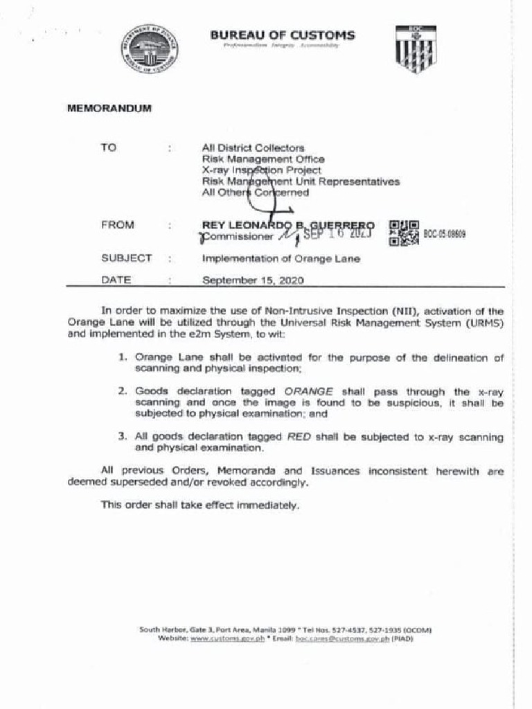 Bureau of Customs memo activating the orange lane