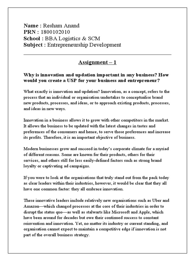 Name: Resham Anand PRN: 1800102010 School: BBA Logistics & SCM Subject ...