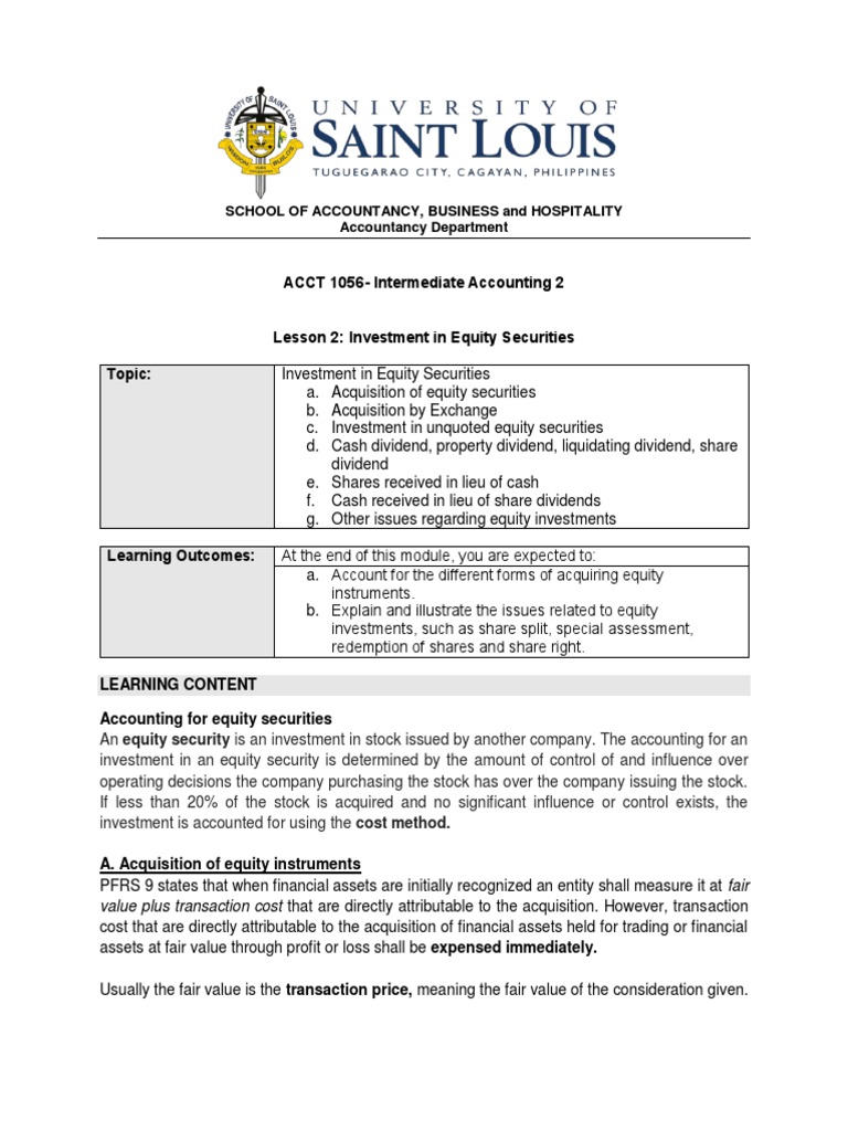 Lesson 2 (Week 2) - Investment in Equity Securities | PDF